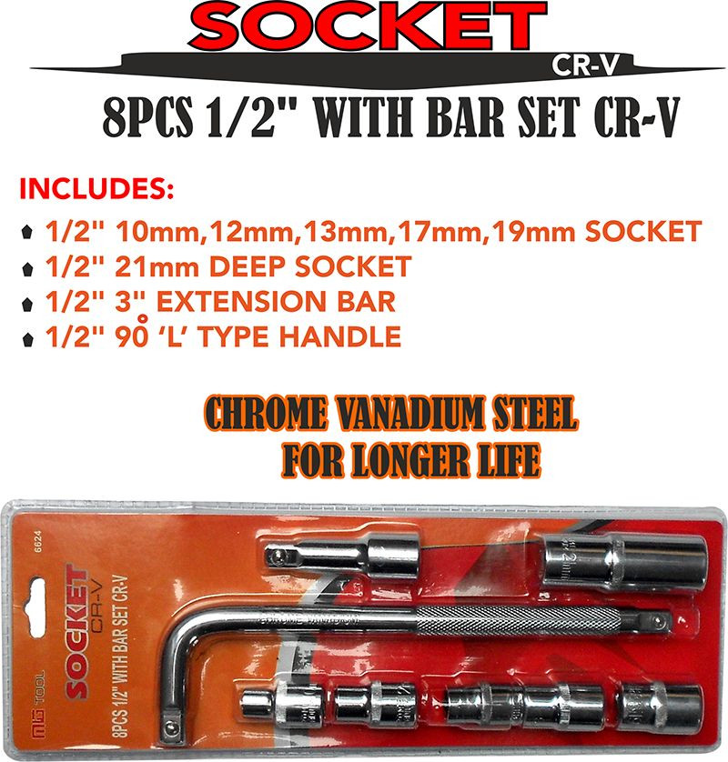 8 PCS 1/2" WITH (L ) TYPE BAR SET CR-V, 1/2" 10mm,12mm,13mm,17mm,19mm ...