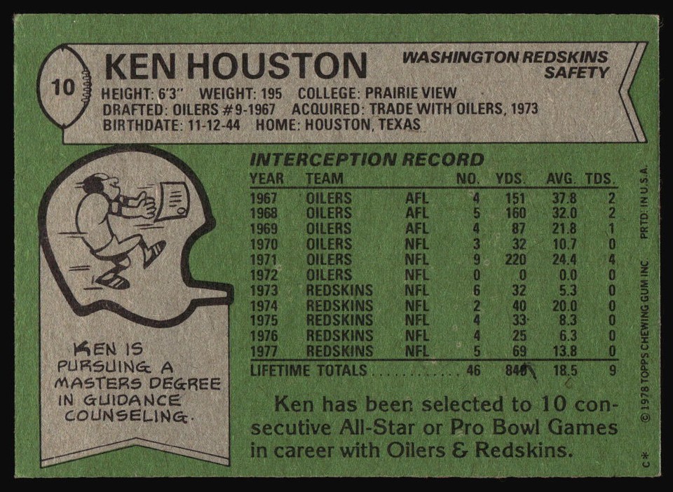 1978 Topps Ken Houston #10 Washington Redskins L2 | eBay