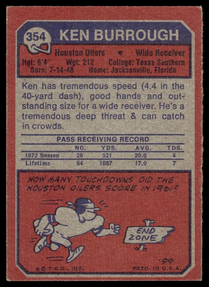 1973 Topps Football Card Ken Burrough Houston Oilers #354 EX | eBay