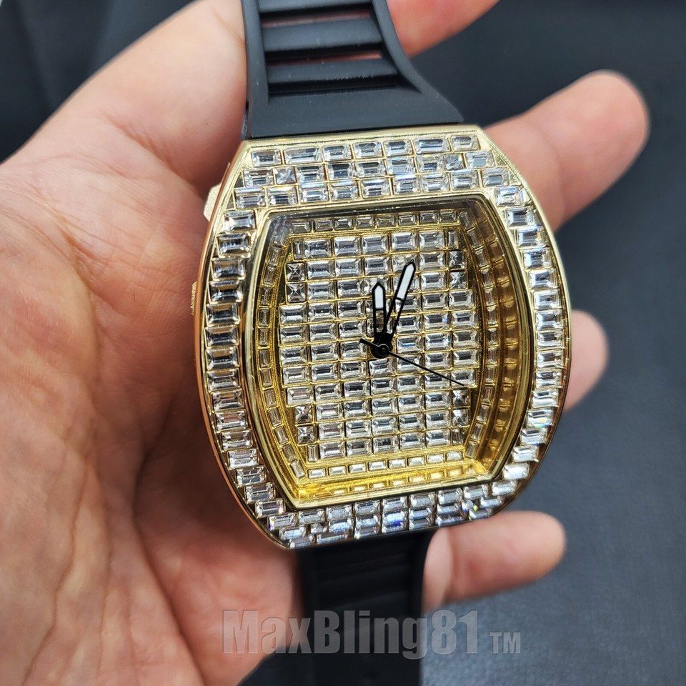 Men Luxury Watch Iced Bling Rapper Baguette Stone Silicone Band Fashion ...