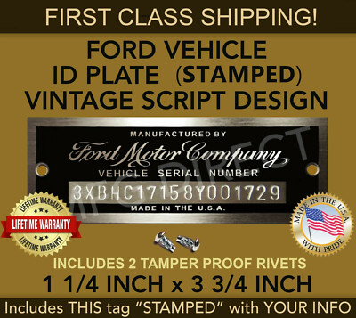 SERIAL NUMBER FORD ID TAG DATA PLATE VINTAGE SCRIPT DESIGN CUSTOM ...