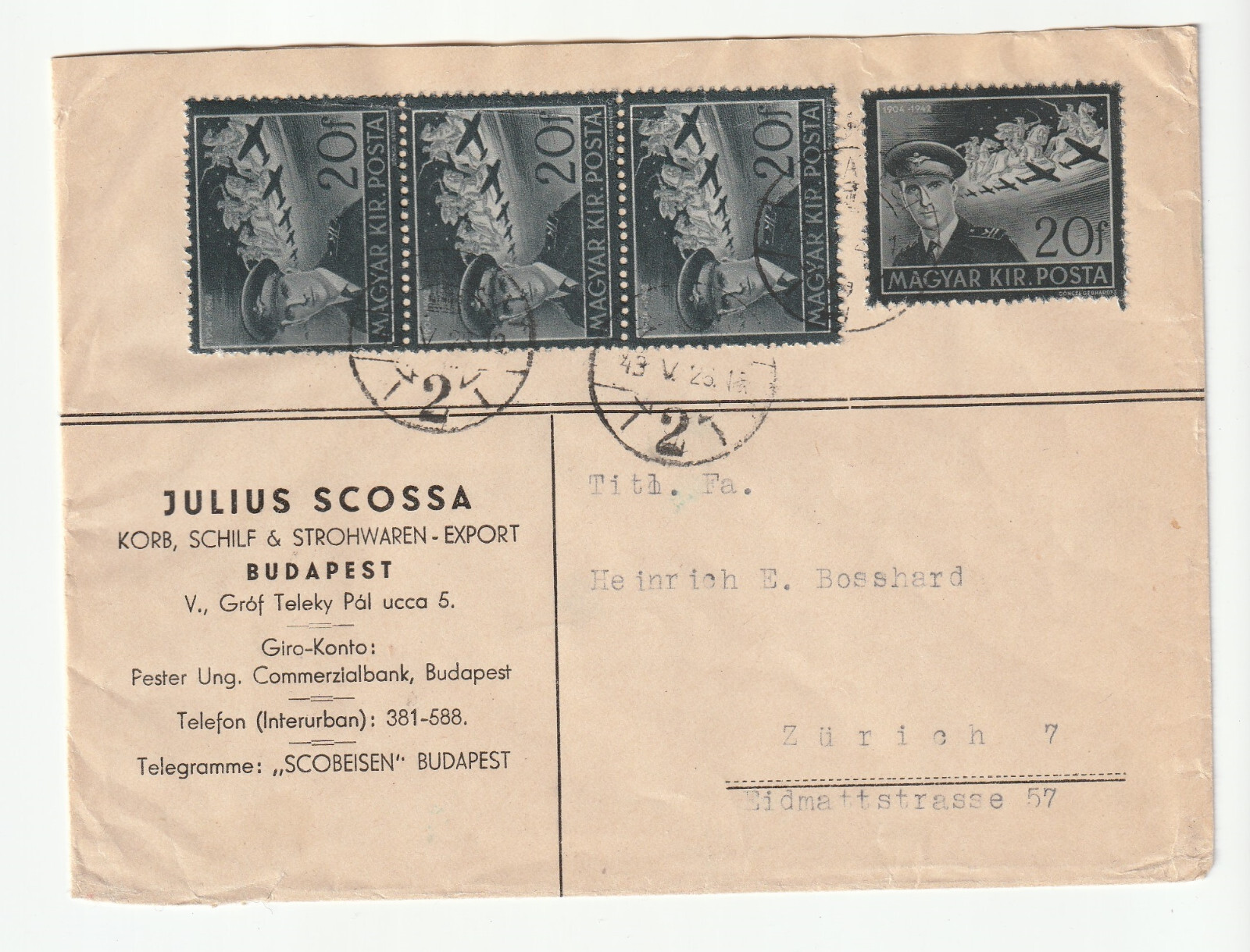 Hungary 4x20f stps CENSORED printed cover Budapest 23/5/1943 ...