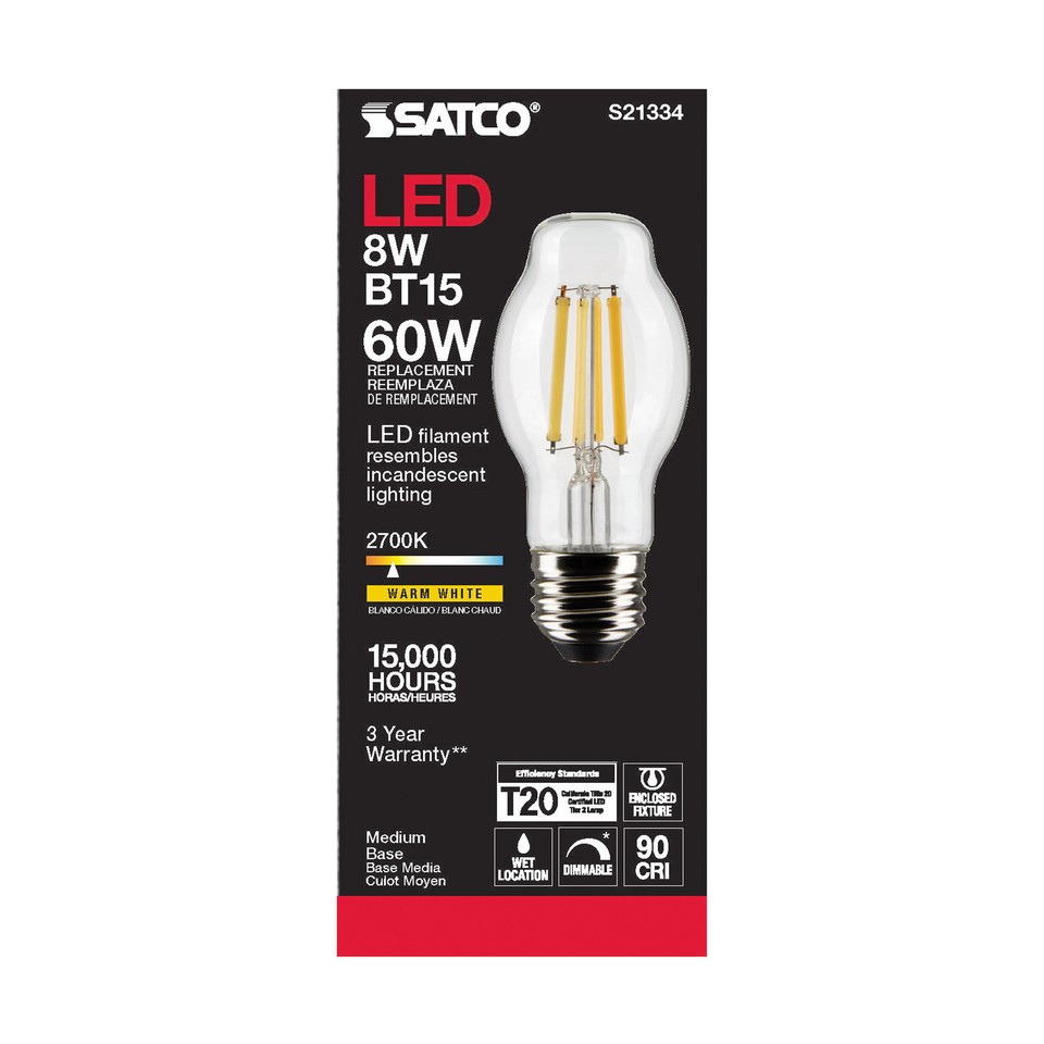 Satco S21334 LED Filament Bulb 120V 8W BT15 Medium E26 Clear 2700K Warm ...