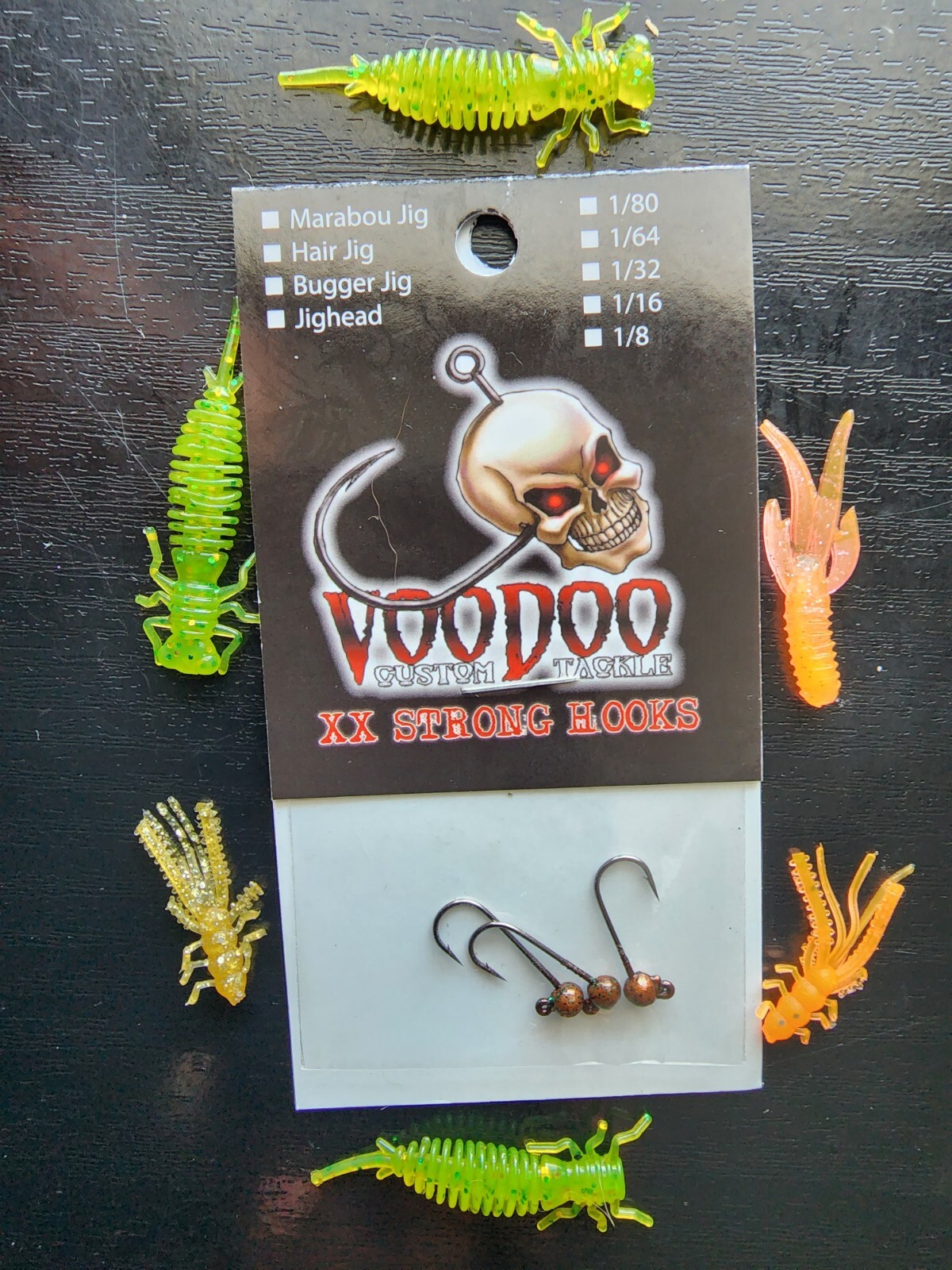 VooDoo Tackle XX Strong Jig Hook 1/64 gold color with 5 Bug plastics | eBay