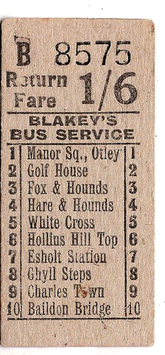 Bus ticket: Blakey's Bus Service, 1/6 return. Baildon & Otley, West ...