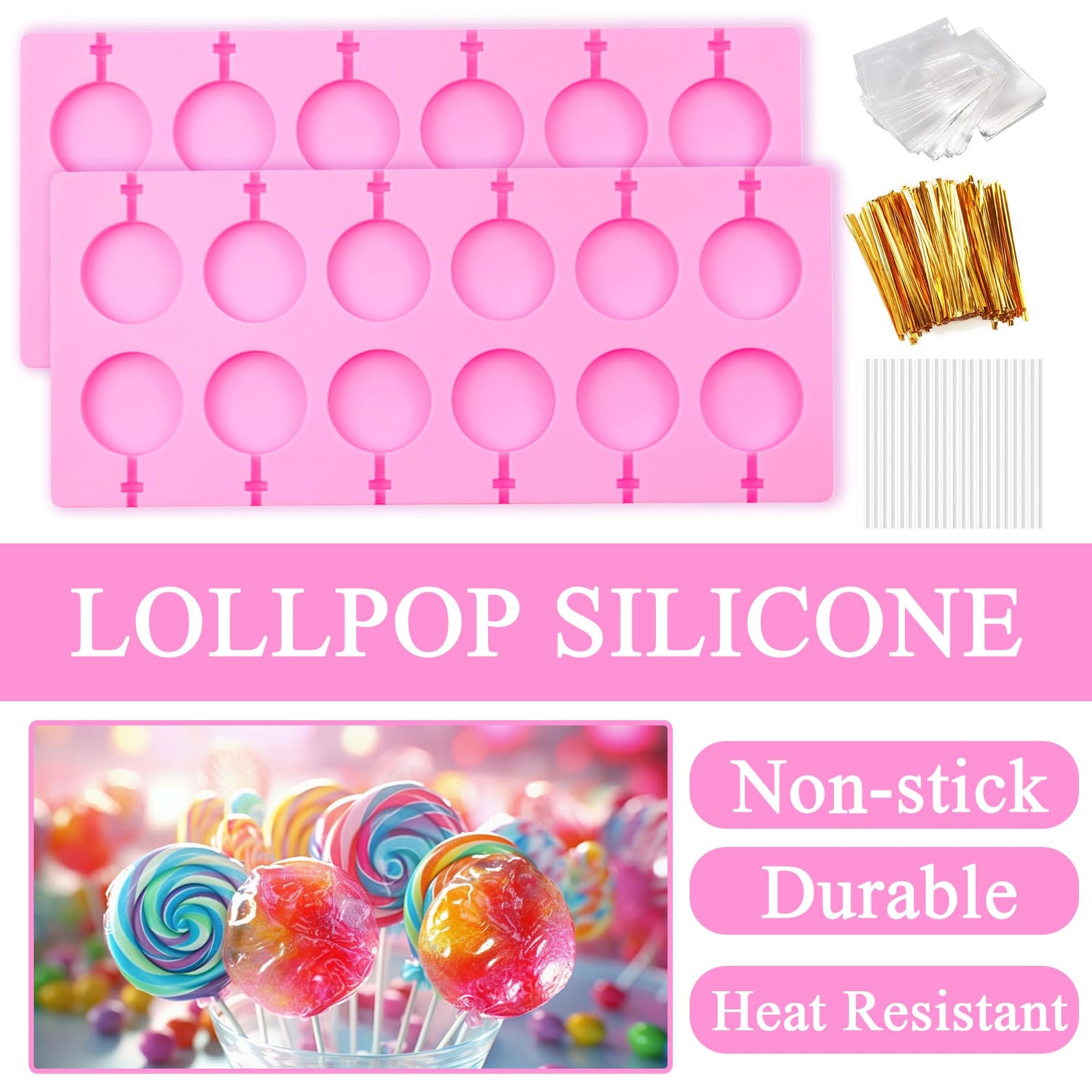 2 PCS Round Silicone Lollipop Mold Kit with 20 Sticks 100 Bags and 100 ...