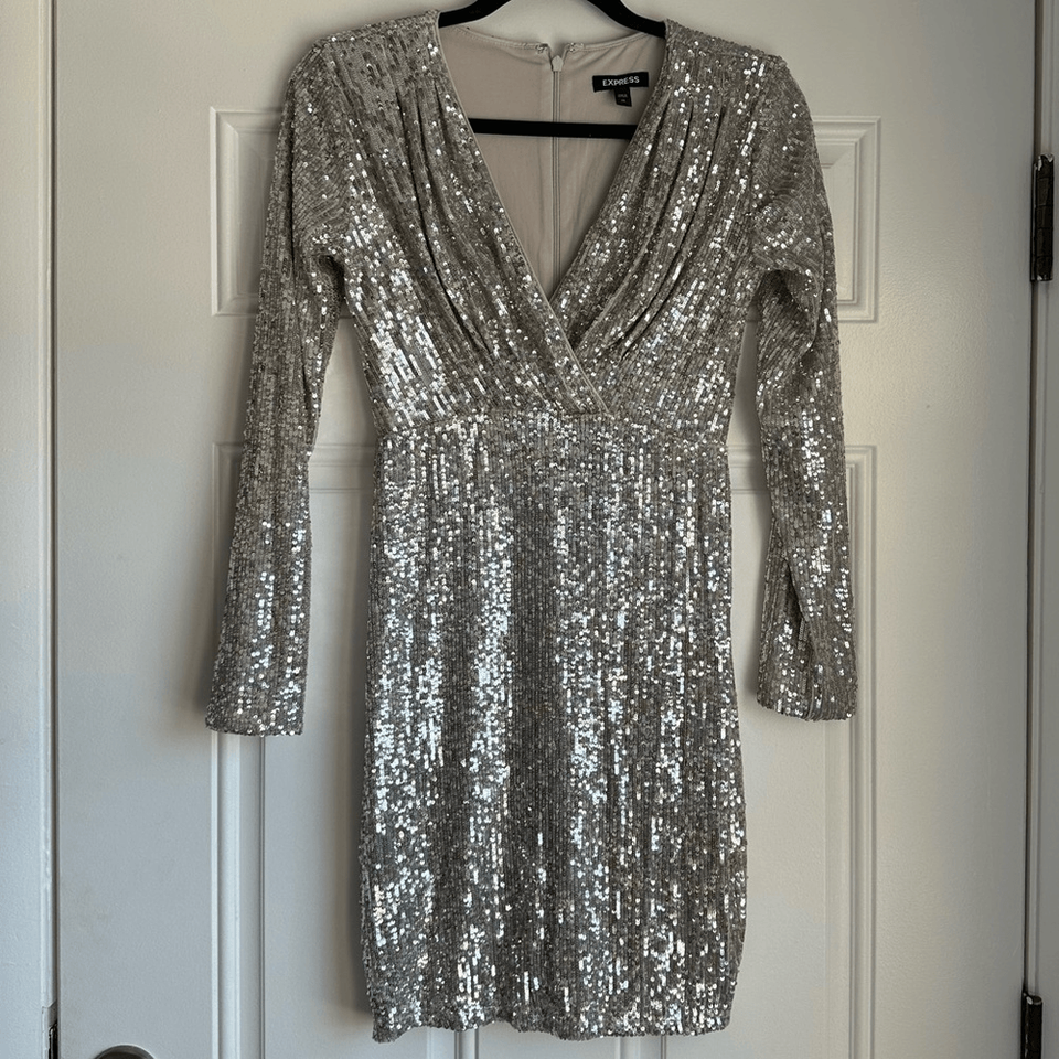 express sequin dress mini silver sequins long sleeve size XS wrap v ...