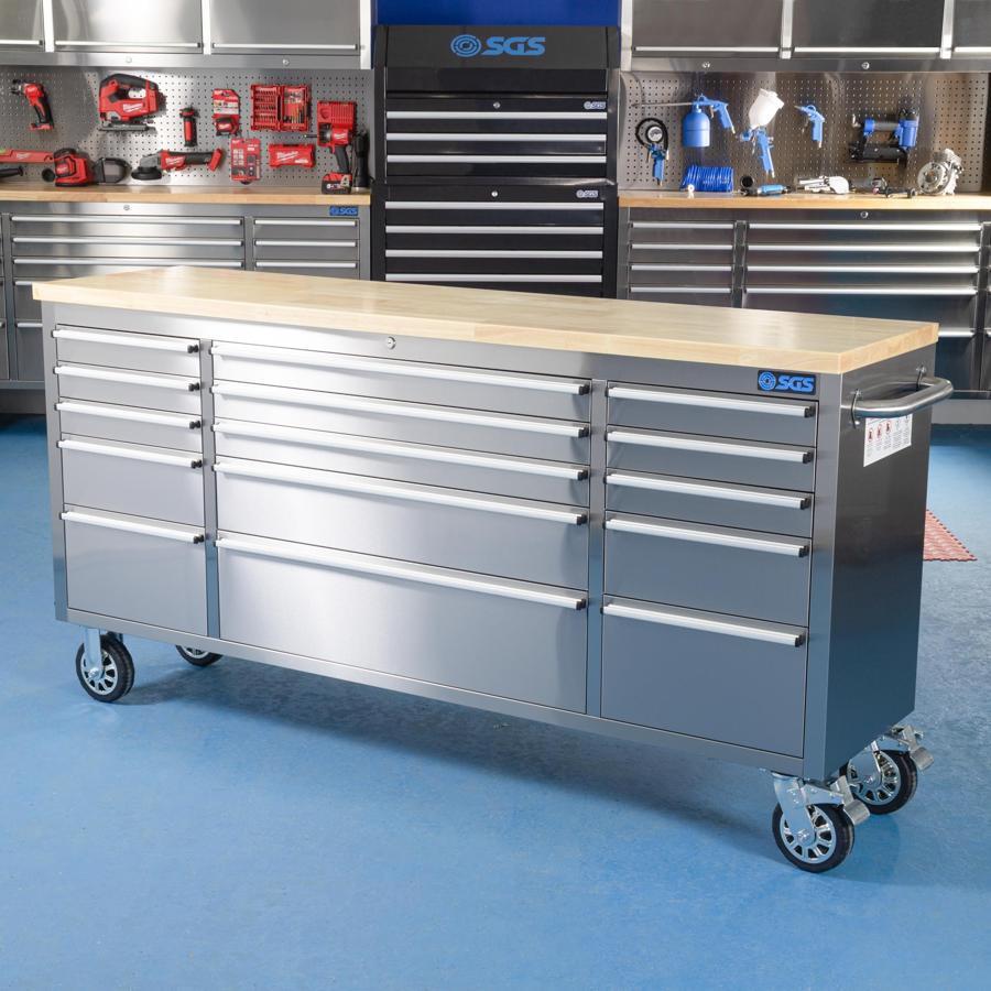 SGS 72in Stainless Steel 15 Drawer Deluxe Work Bench Tool Box Roller ...