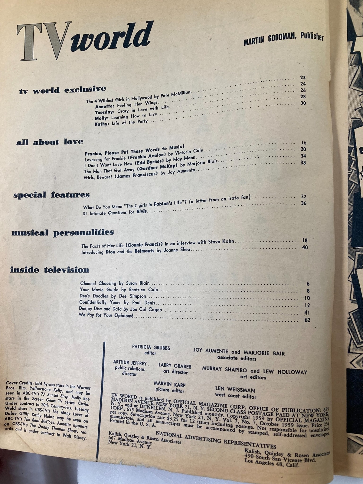 VTG TV World Magazine October 1959 Vol 7 #7 Edd Byrnes Cover No Label ...