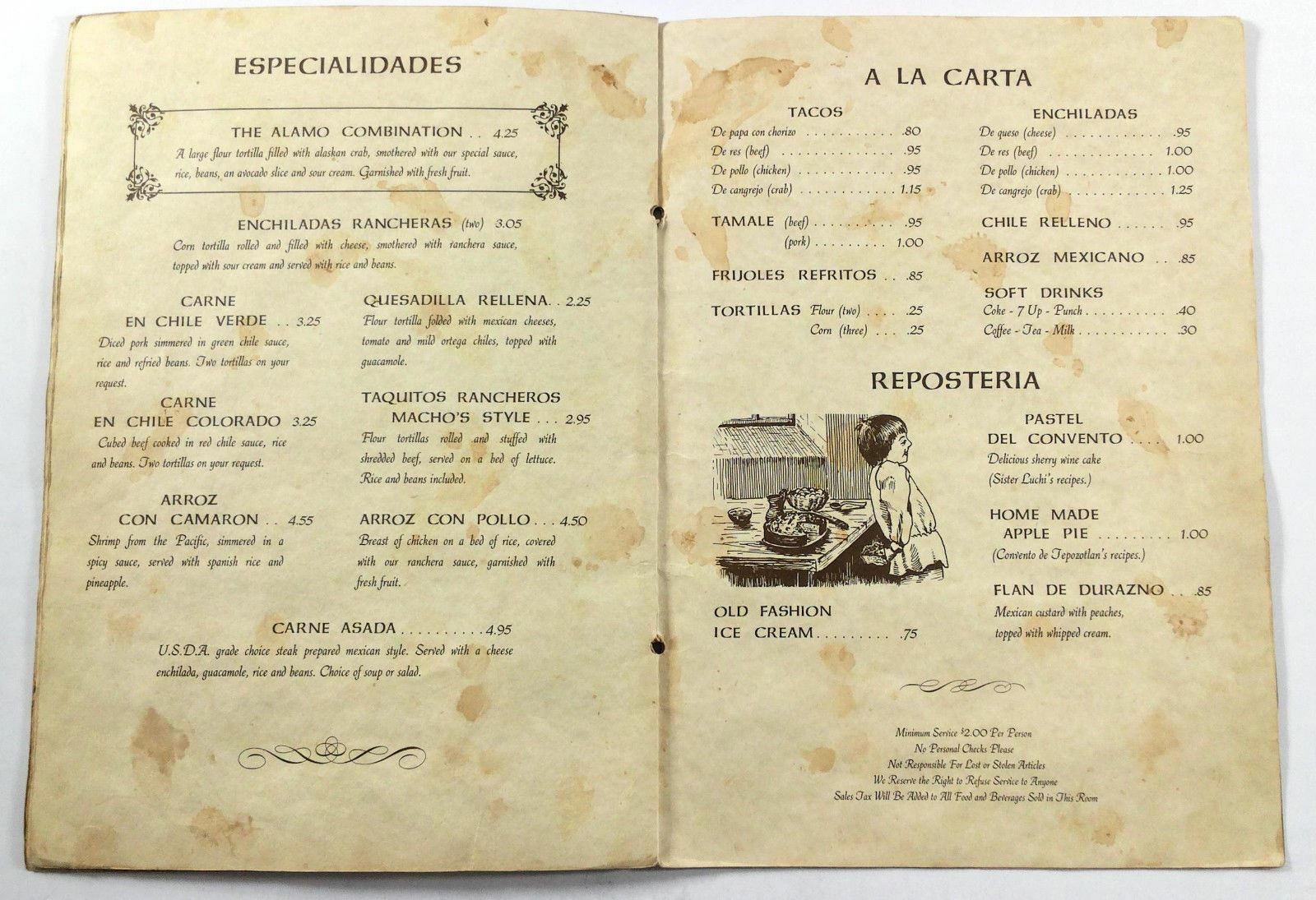 1970's Vintage Menu THE ALAMO Mexican Restaurant Old Mission Recipes ...