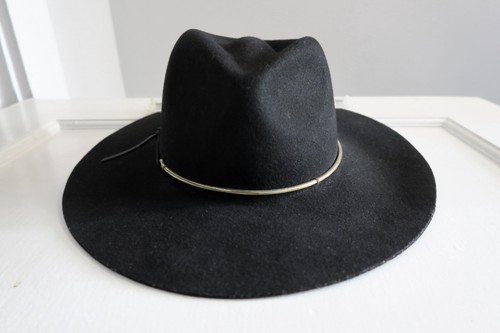 BRIXTON Black Wide Brim Wool Felt Fedora Hat Gold-Tone Skinny Band Size ...