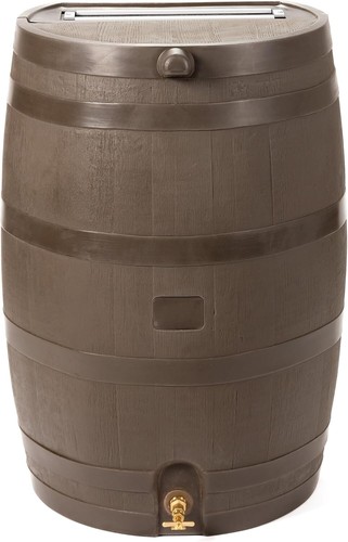 RTS 50 Gal Rain Barrel – Walnut Color, Brass Spigot, Flat Back Design ...
