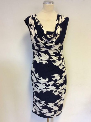 PHASE EIGHT NAVY BLUE & WHITE BIRD PRINT STRETCH PENCIL DRESS SIZE 14 ...