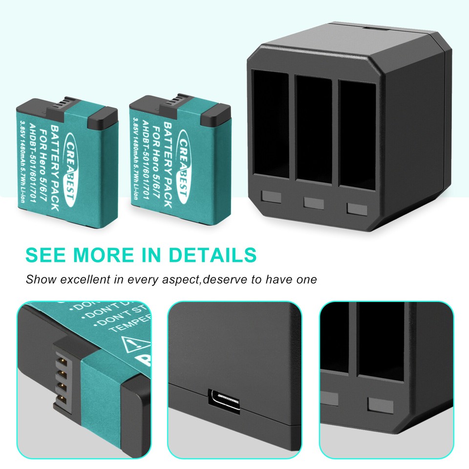 3× AHDBT-501 601 701 Battery + Charger For GoPro HERO 8 7 6 5 Black ...