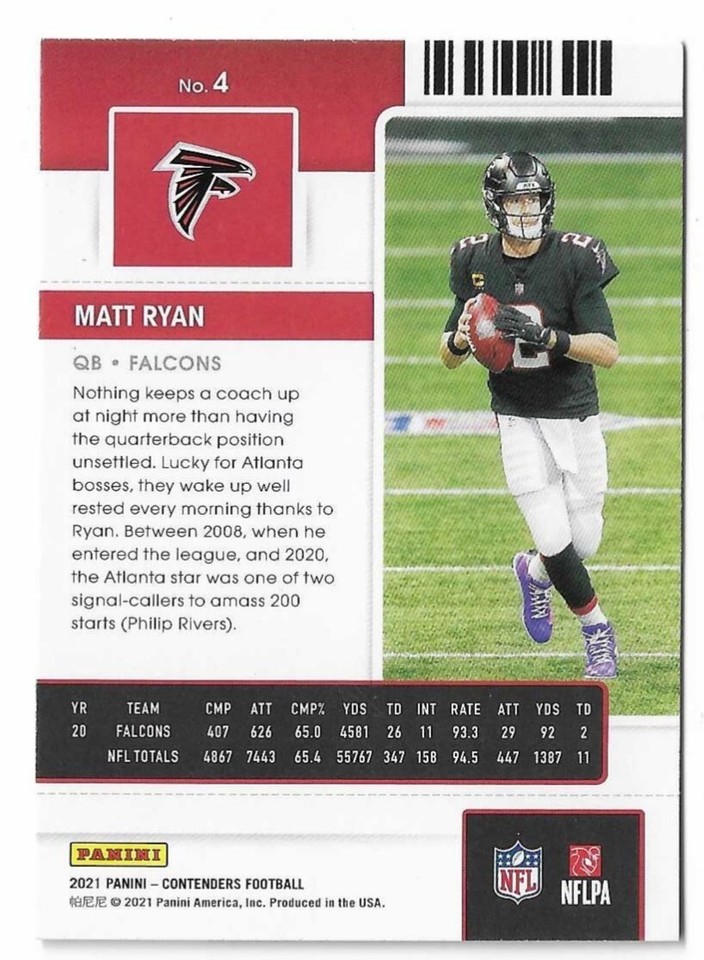 2021 Panini Contenders Football Matt Ryan Card #4 Atlanta Falcons | eBay