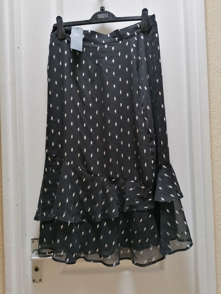 LADIES MARKS & SPENCER BLACK WITH SHINNY SPOTTED TIERED LINED MIDI ...