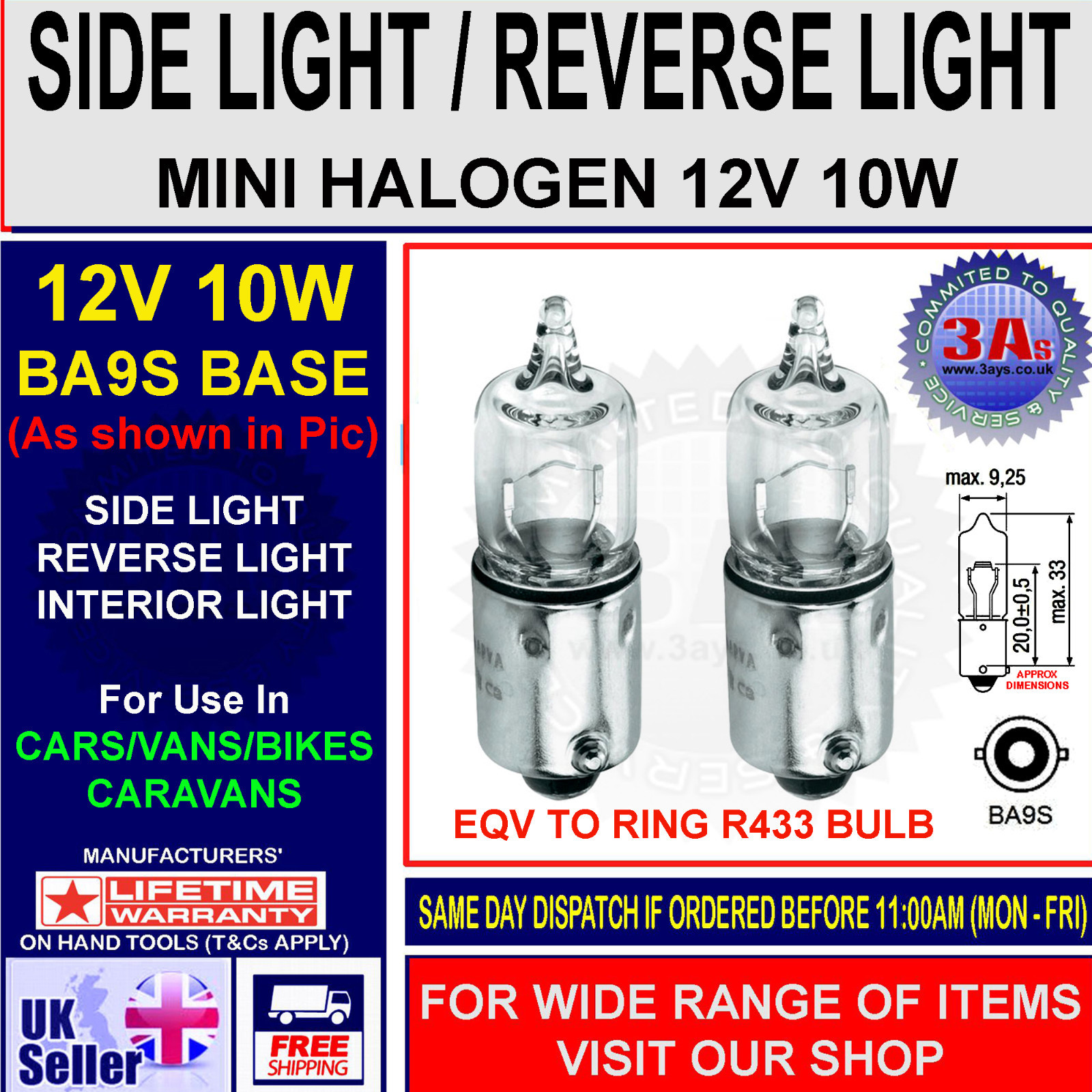 2 x 433B R470 12V 10W Halogen Minature fog light tail Bulb Car Bulb ...