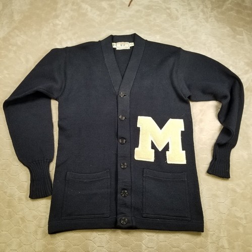 VTG 60s Wool Letterman Button Down Sweater Navy Blue Sz 44 White M ...