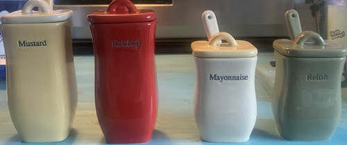 Longaberger Ceramic Condiment Set- Ketchup, Mustard, Relish, Mayo ...