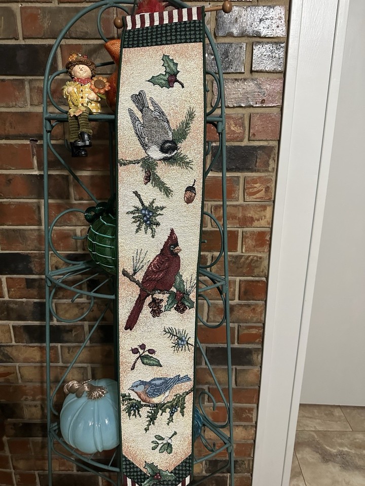 Bell Pull Tapestry Backyard Birds At Christmas Wall Hanging 40” Wooden ...
