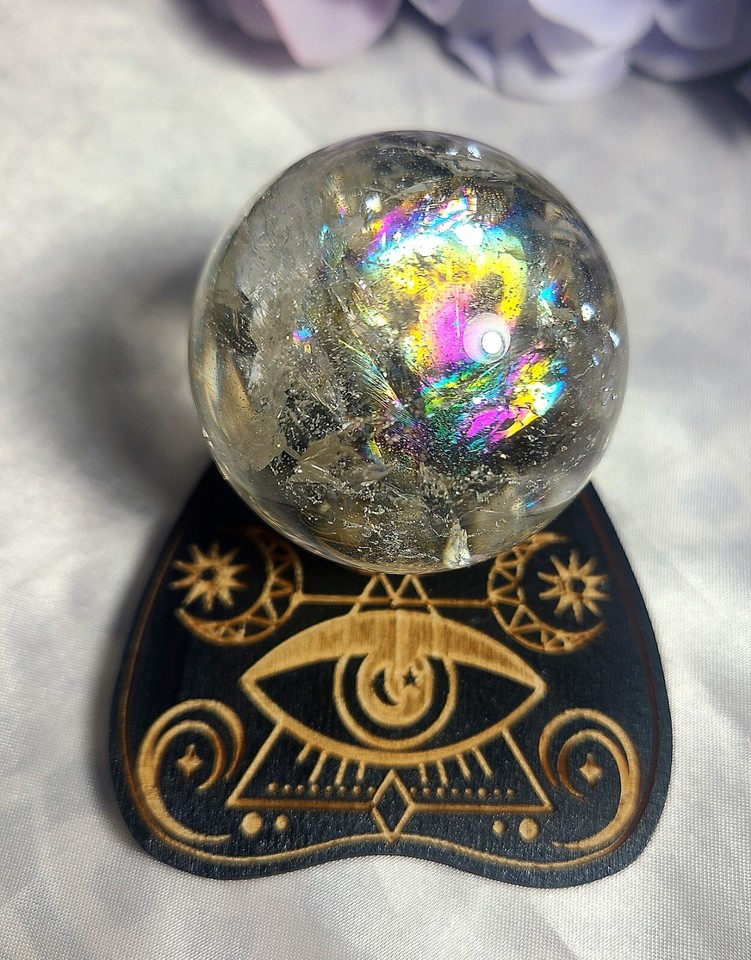 3.3" Ouija Planchette Evil Eye Moon Stars Wood Sphere Stand Crystal ...
