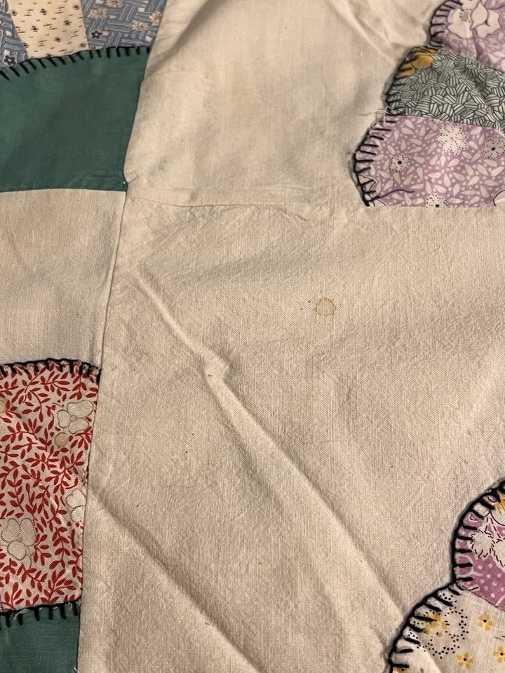 Vintage Hand Appliqué Fan Quilt 74x74 Feedsack Cotton Edge Tear Cottage ...