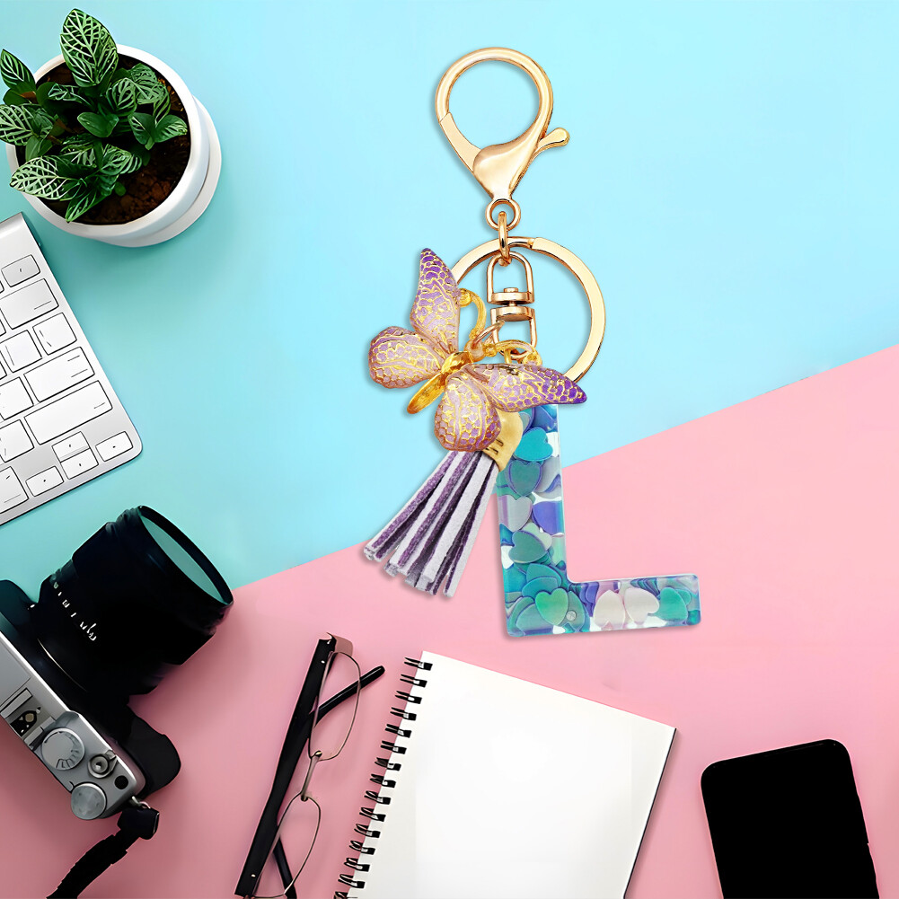 Resin Blue Butterfly Keychain Alphabet L Keyring with Tassel for Car ...