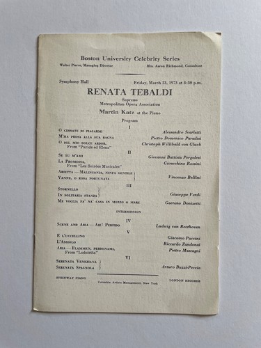 Vintage Playbill Renata Tebaldi 1973 Boston University Celebrity Series ...