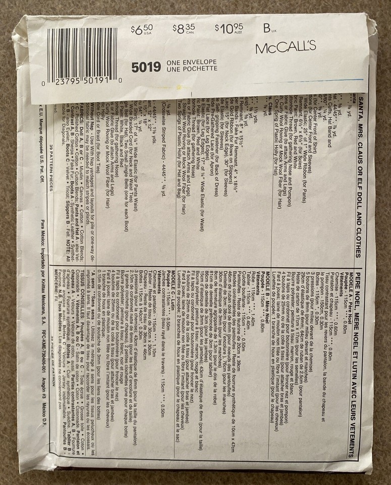 1990 McCall's Crafts #5019 Doll Santa Mrs Claus Elf Clothes Sewing ...