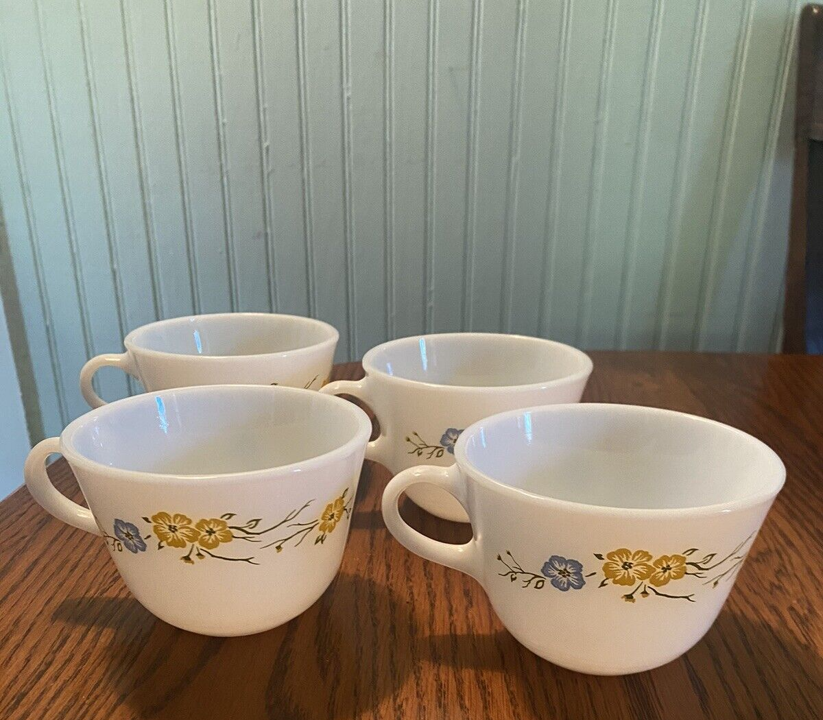 Set of 4 Vintage Pyrex Mugs White Milk Glass/Blue & Yellow Floral ...