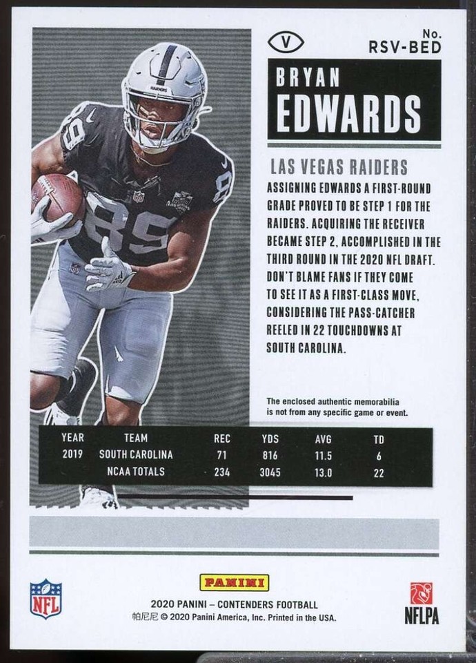 Bryan Edwards Card 2020 Panini Contenders Rookie Ticket Jersey Swatches ...