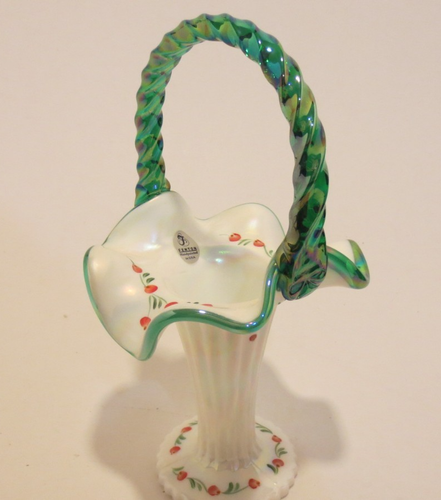 Fenton Iridescent white glass trumpet basket-Emerald green handle/crest ...