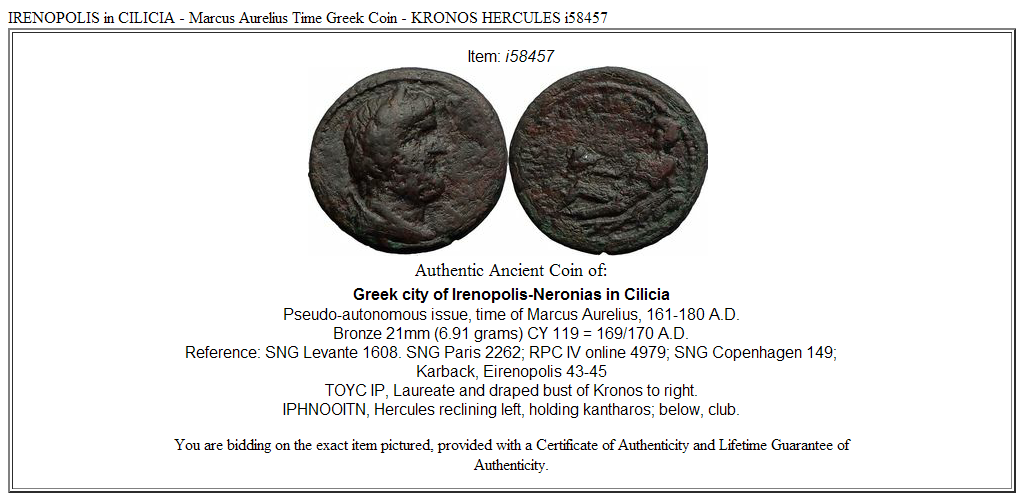 IRENOPOLIS in CILICIA - Marcus Aurelius Time Greek Coin - KRONOS ...