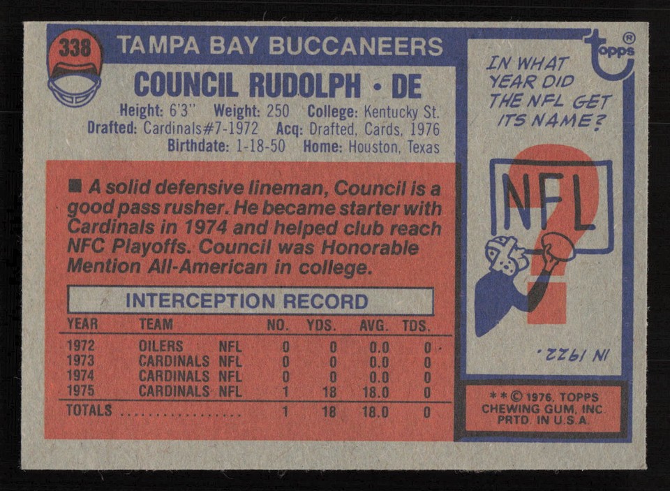 1976 Topps #338 Council Rudolph Card TCCCX | eBay