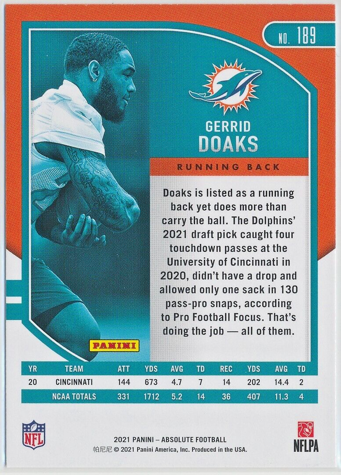 2021 Panini Absolute Football - Gerrid Doaks - Miami Dolphins - RC ...