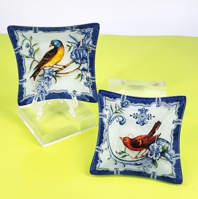Pair Prima Designs Sq. Glass Trinket/Candy Dishes Bird Graphics Blue ...