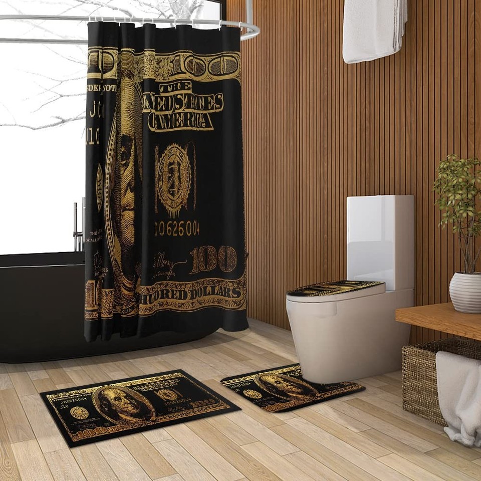 Black Gold 100 Dollar Bill Bathroom Set with Money Shower Curtain and ...