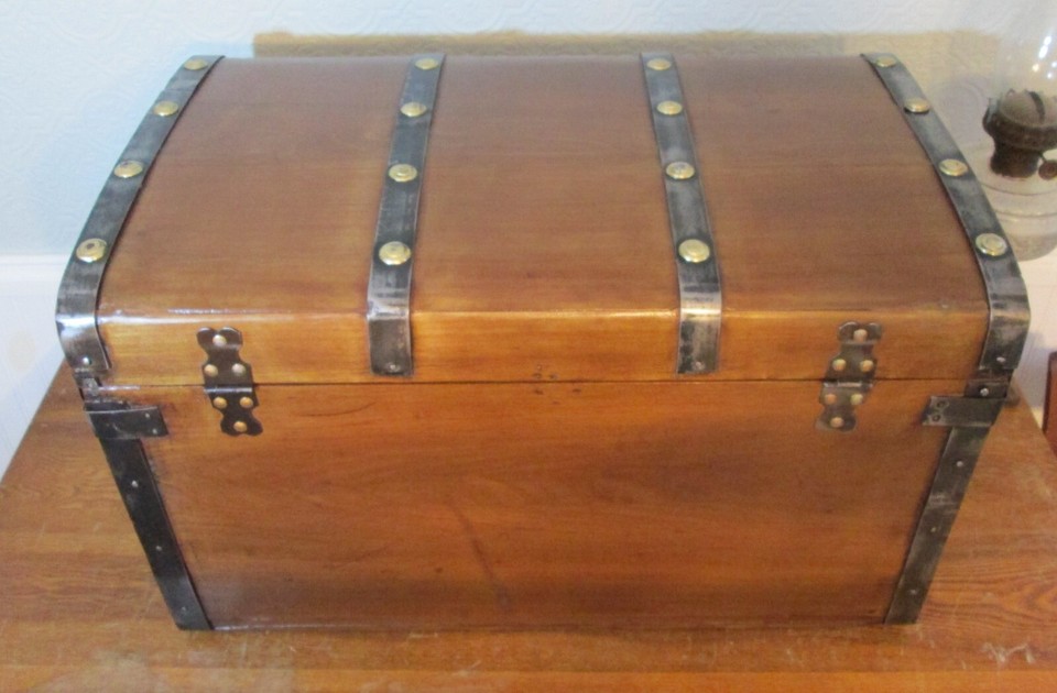 Antique Steamer trunk vintage brass studded stagecoach chest restored C ...