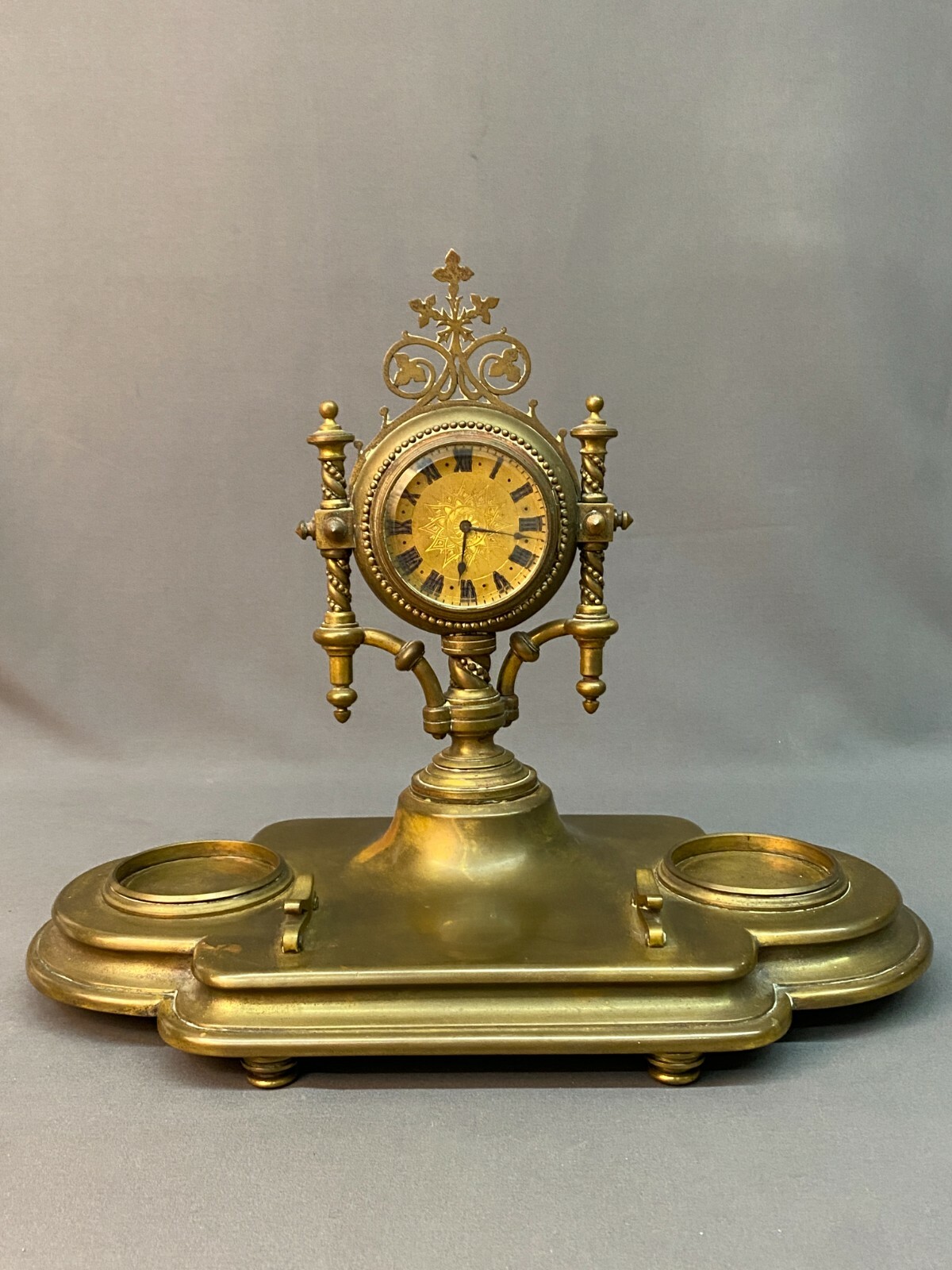 Antique Victorian Brass Desk Clock with Double Ink Wells | eBay