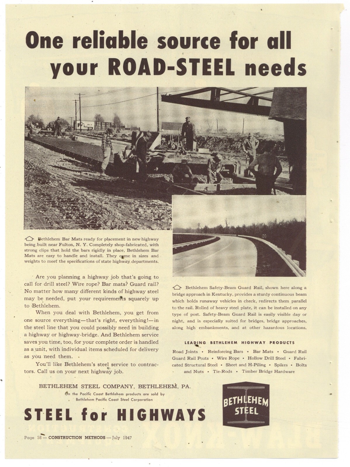 1947 Bethlehem Steel Ad: Fulton New York Road Job Pictured | eBay