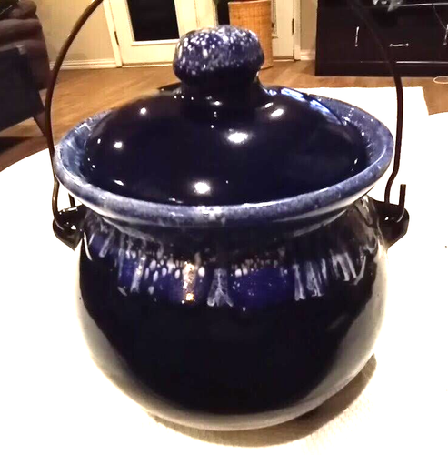 Vintage Pottery Bean Pot With Lid Cobalt Blue Drip Glaze w/ Metal ...