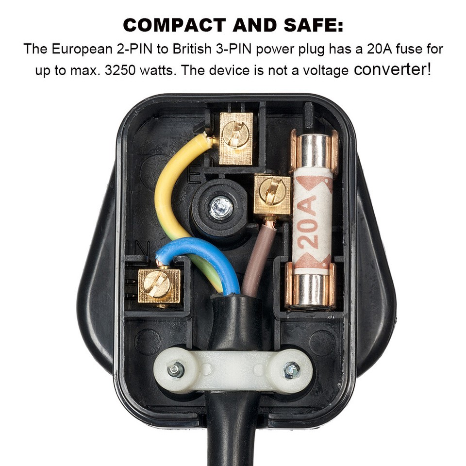 2 Pin Euro Plug Adapter to UK Plug 3 Pin Travel Power Cable Converter ...