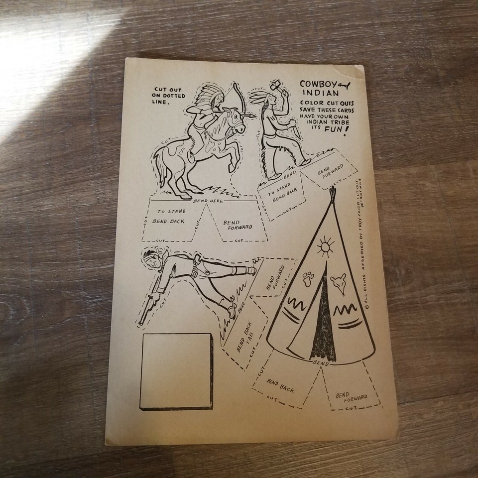 Vintage Cardboard Cut Out Sheets-INDIANS & COWBOYS TROY COLOR CUTOUTS ...
