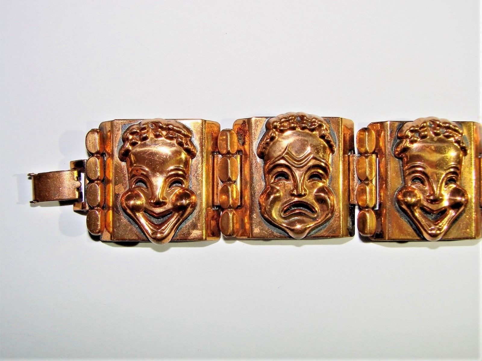 VINTAGE COPPER THEATRE DRAMA MASKS PANEL FACES BRACEL… - Gem