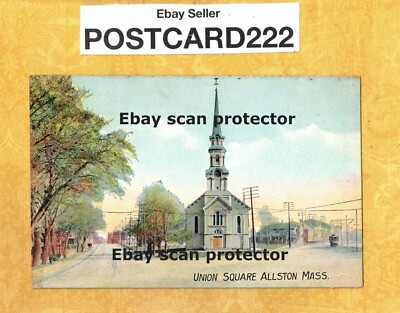 MA Allston 1908-14 antique postcard UNION SQUARE CHURCH & TROLLEY CAR ...