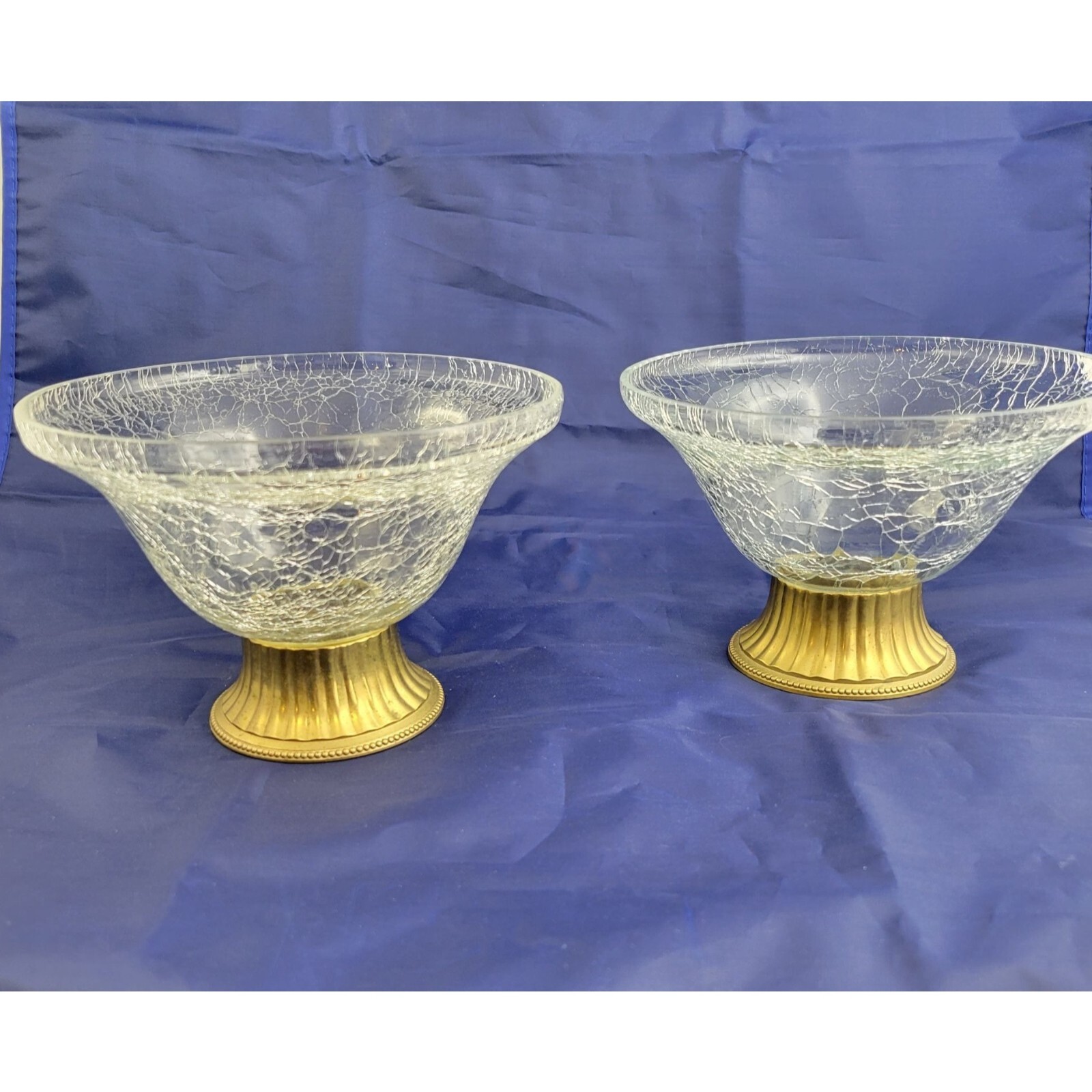 Pair Vintage Crackled Glass & Brass Footed Bowls Decorative Console ...