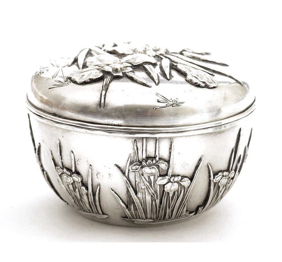 Rare Antique Japan Sterling Box Iris Flower Bowl W/ Lid Pure Silver ...