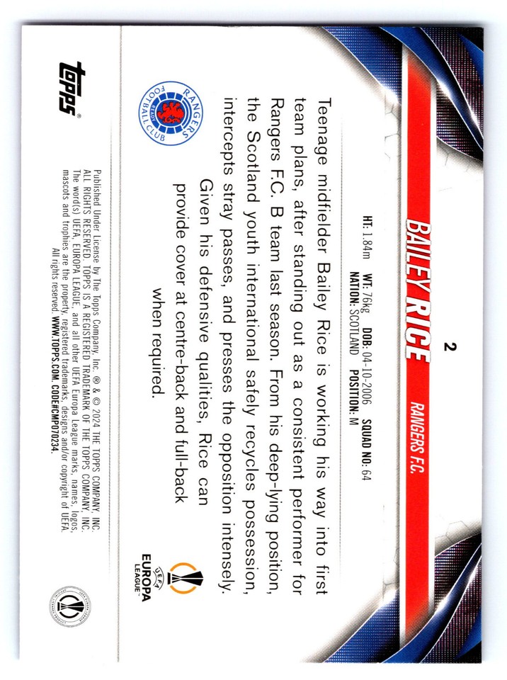 23/24 Topps UCC Flagship - Pink Sparkle 2 Bailey Rice (Rangers FC) – RC ...