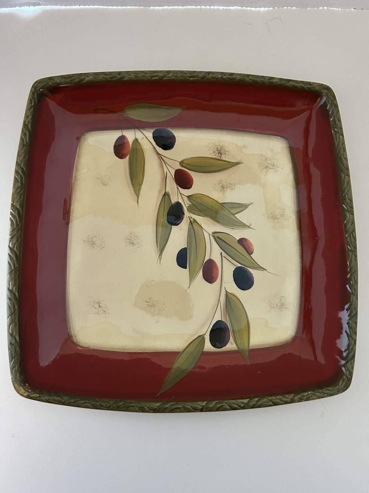 CLAY ART Antique Olive Hand Painted Square StoneLite Plate 11" | eBay