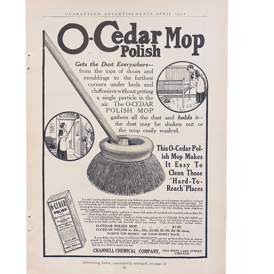 1912 Vintage Original Print Ad, O-Cedar Cleaning Mop Chicago, Good ...